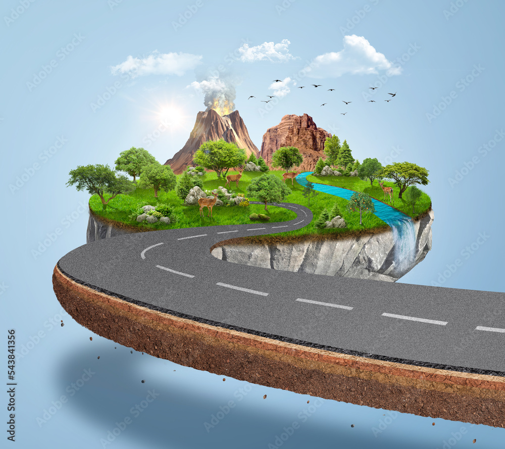 floating forest road with beautiful landscape and mountains, volcano ...