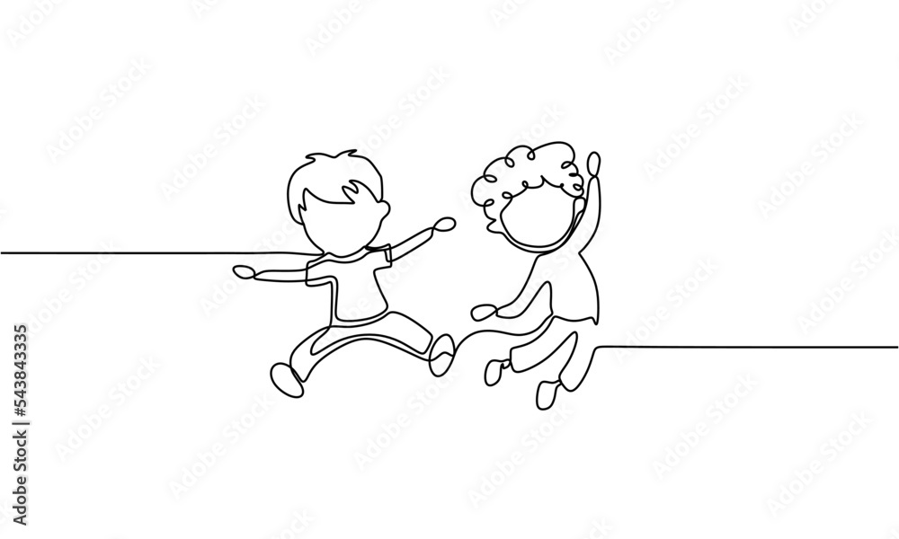 Happy jumping children. Continuous line drawing. Vector illustration on ...