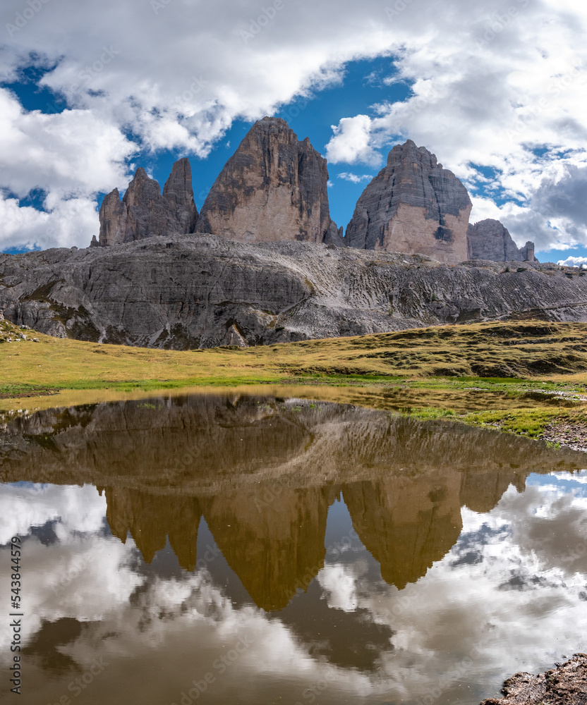 Reflection of the iconic Drei Zinnen mountains in the South Tirolese ...