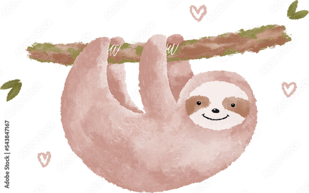 Cute pink sloth watercolor illustration. Funny cartoon sloth clipart ...