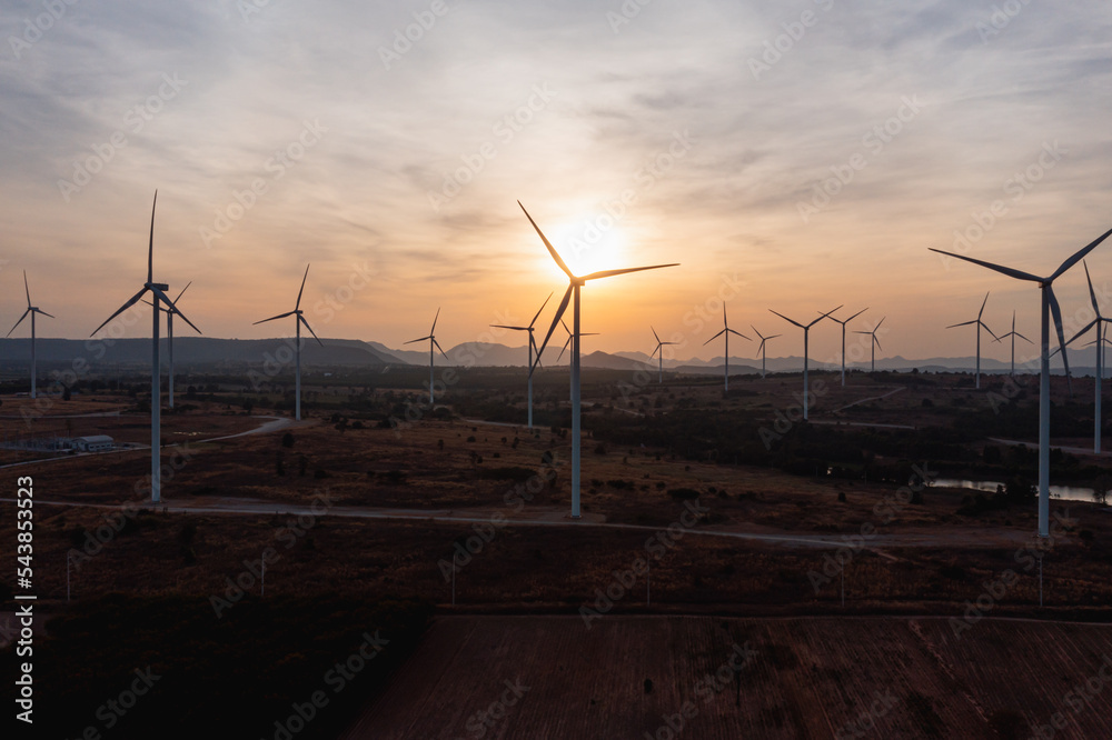 Aerial view of powerful wind turbine farm for pure energy production on ...