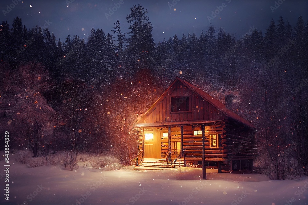 forest winter cabin in snow and lights from inside 3d illustration with ...
