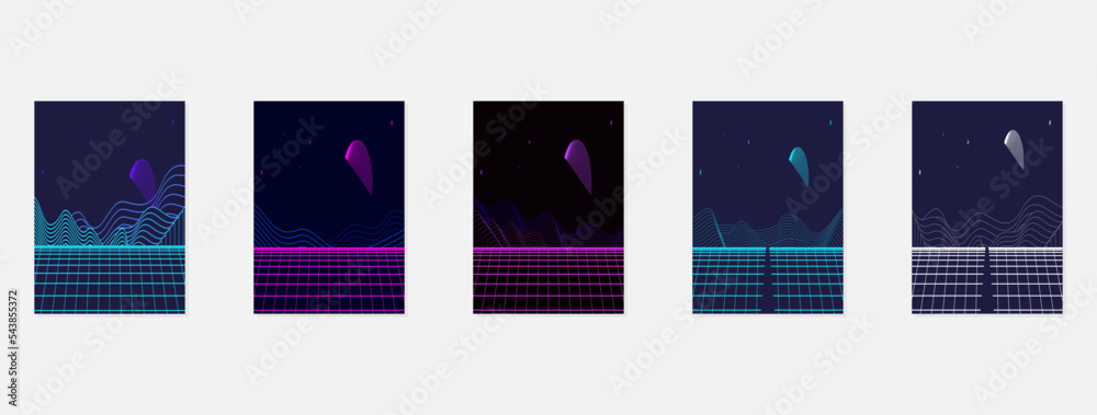 Retro futuristic landscape 1980s style poster or cover design template ...