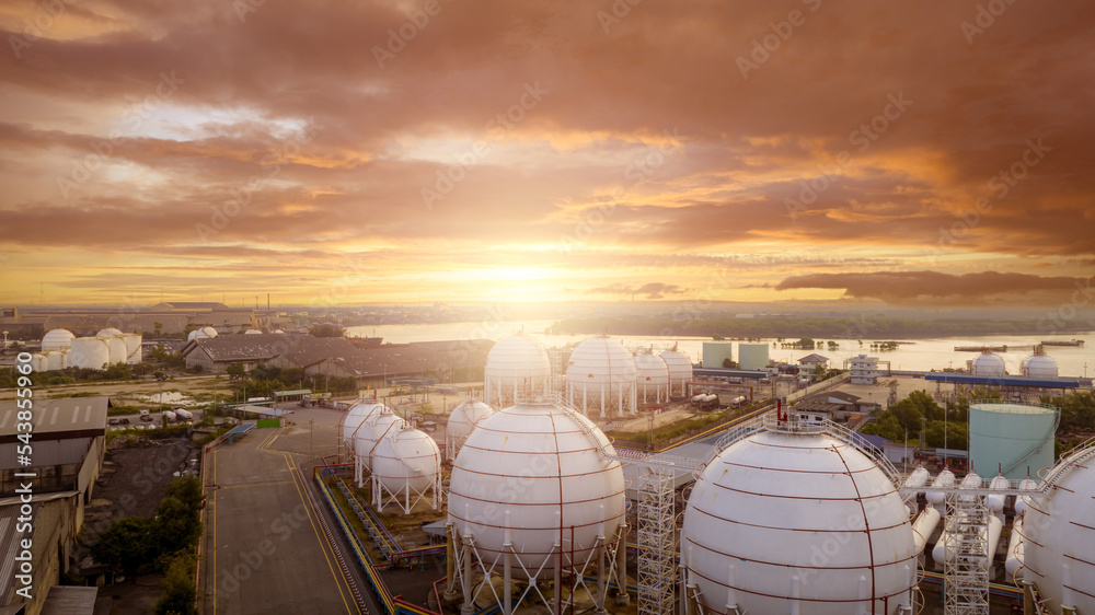 Aerial view of industrial gas storage tank in factory. LNG or liquefied ...