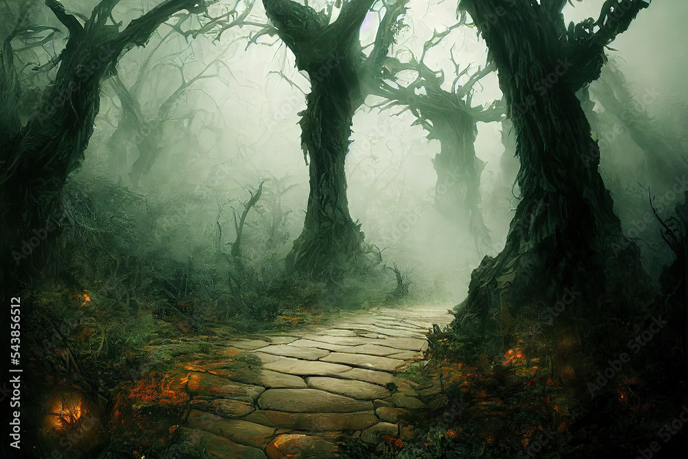 Spectacular pathway in the deep enchanted forest, misty environment ...