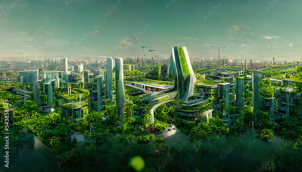 Spectacular eco-futuristic cityscape full with greenery, skyscrapers ...