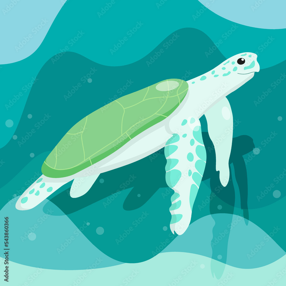 Cartoon turtle character with a green shell swimming in the sea on a ...