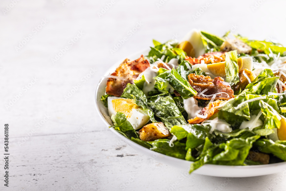 Caesar salad prepared from romaine lettuce, baked bacon, egg, bread ...