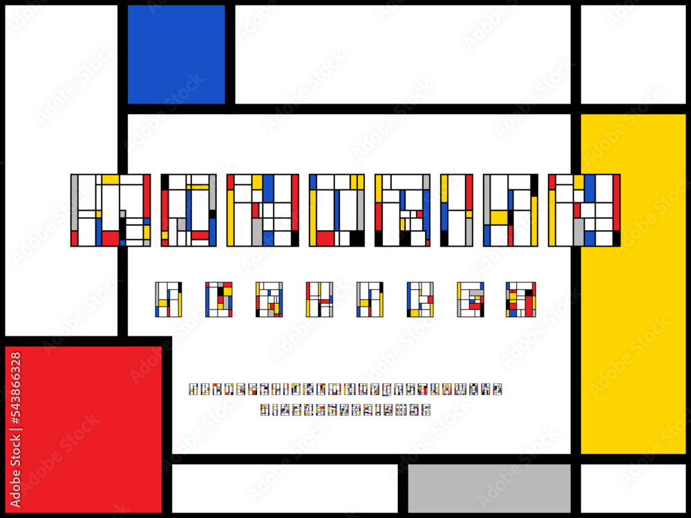 Mondrian art style alphabet design with uppercase, numbers and symbols ...