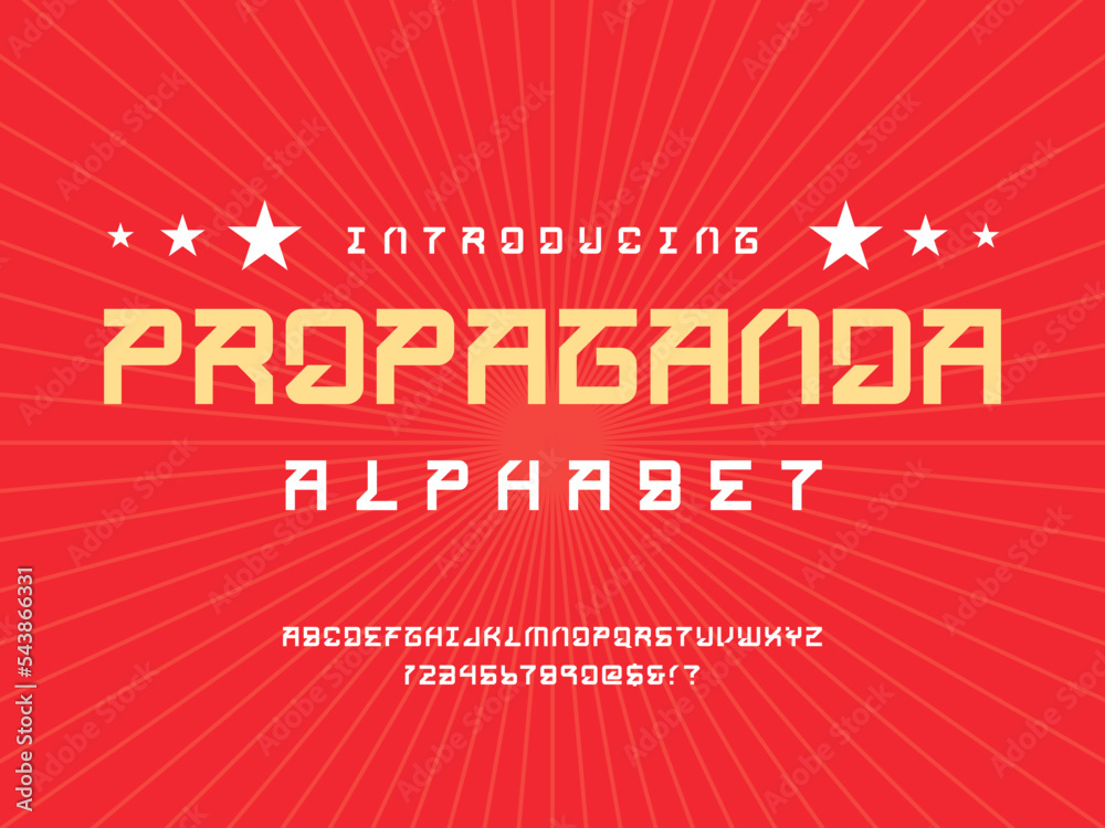 Propaganda Retro style alphabet design with uppercase, numbers and ...