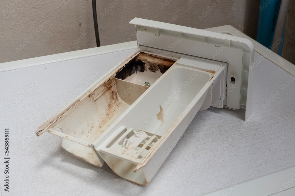 Dirt inside washing machine tray at the laundry detergent tray with a ...