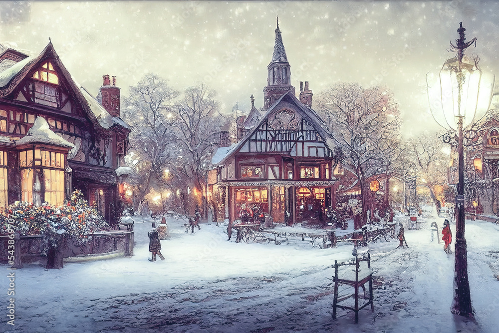 A fabulous winter town with old streets and Victorian style houses ...