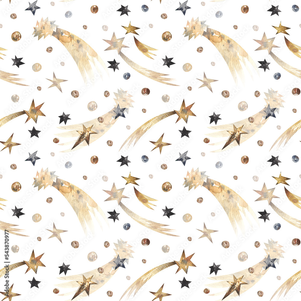 Golden stars and meteors seamless pattern on white background. Festive ...