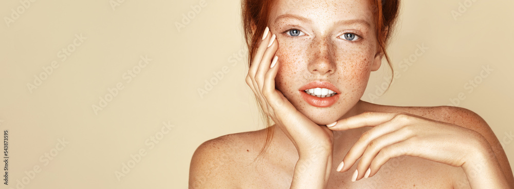 Pigmentation. Skin complexion. Freckles young girl close up portrait ...