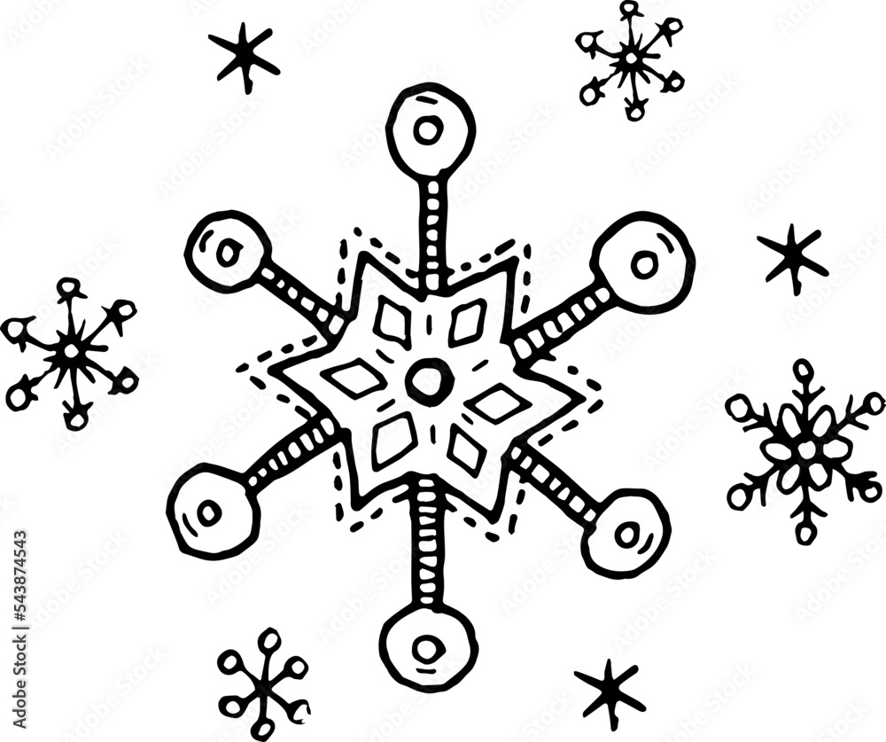 Snowflake sketch. Snow flake hand drawn doodle art. Handdrawn simple ...