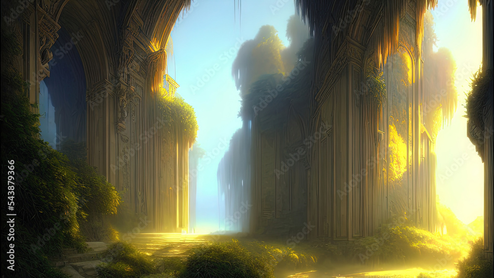 Large panoramic arched windows. Fantasy interior of the palace with ...