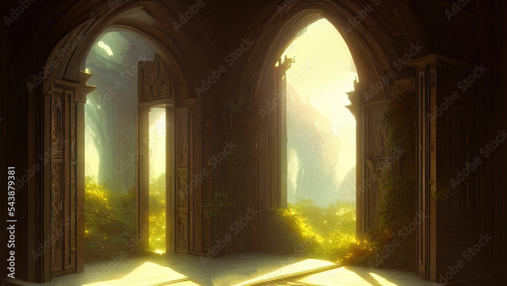 Large panoramic arched windows. Fantasy interior of the palace with ...