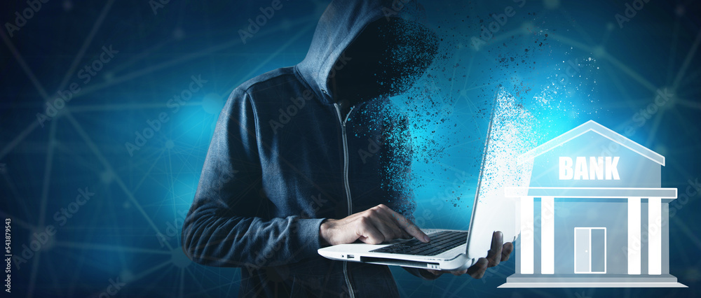 hacker and drawing of a bank building. cyberattack concept foto de ...