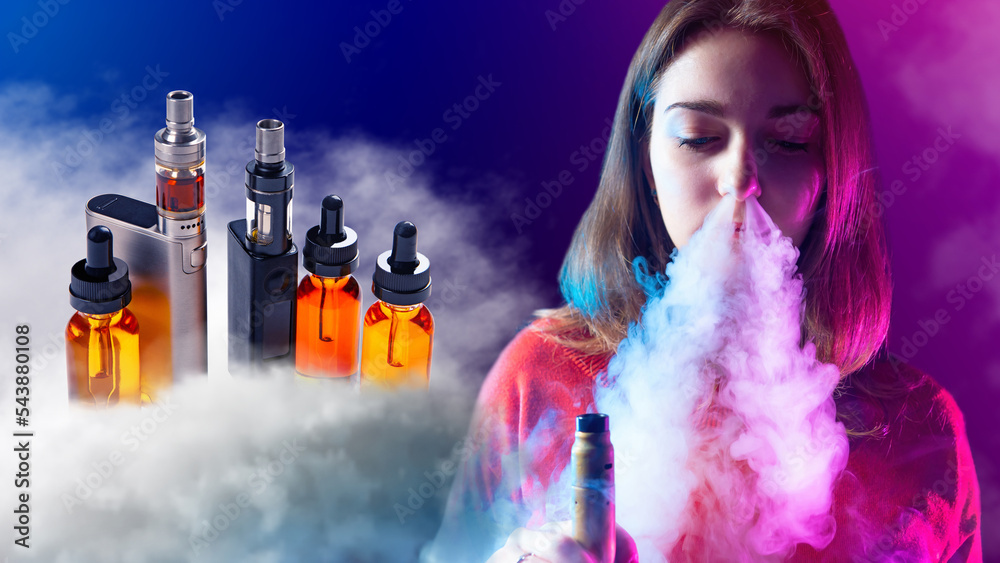 Woman vaper. Vape devices next to girl. Girl using devices for vaping ...