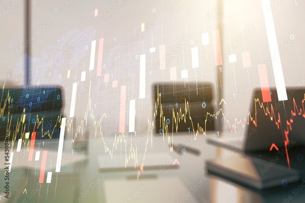 Multi exposure of abstract creative financial graph with world map and ...