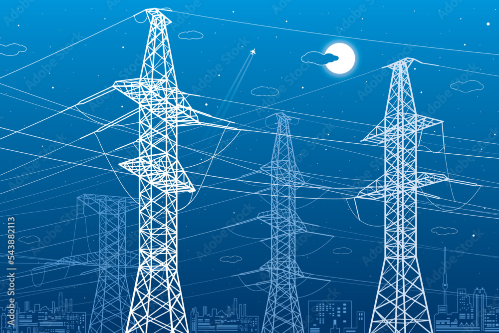 High voltage transmission systems. Electric pole. Power lines. A ...