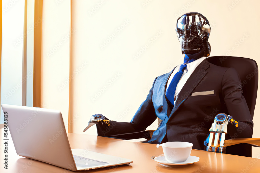 Robot businessman with suit sitting near the office desk with coffee ...