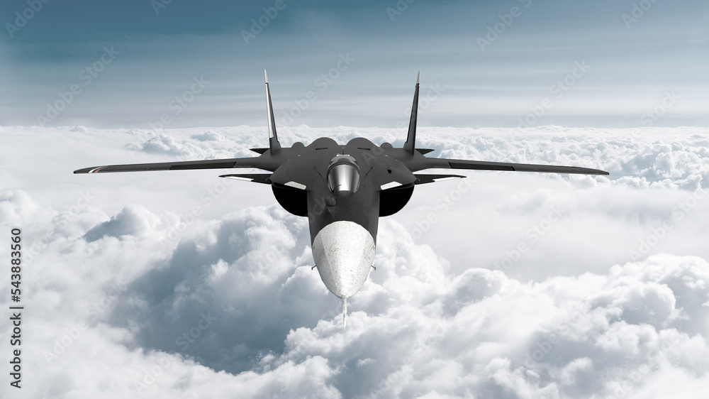 3d render A high-speed fighter jet flies directly into the frame, the ...