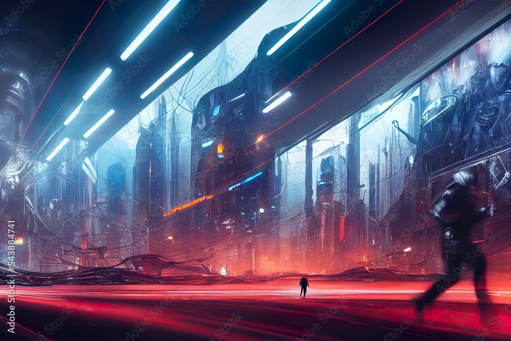 Cyberpunk concept showing a man running along a futuristic path full of ...