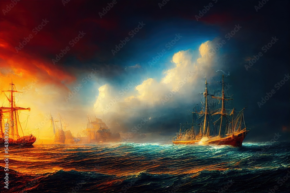 Medieval-era ships plow the expanse of the ocean. 3D illustration Stock ...