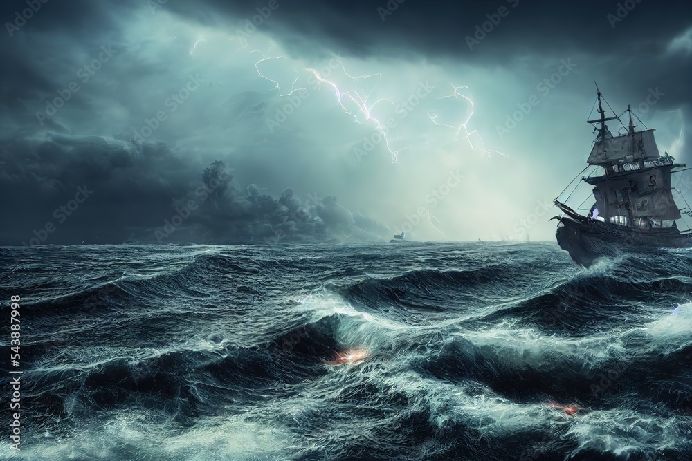 The ship is caught in a violent storm on the high seas. 3D rendering ...