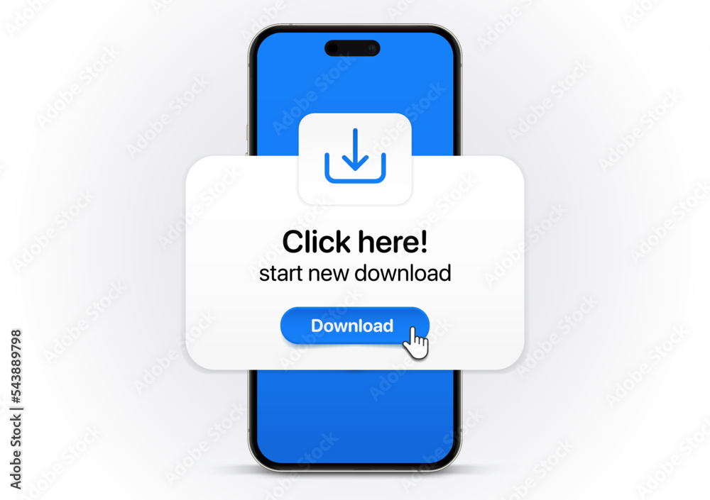 3D blue download button popup bubble icon with smartphone. Upload icon ...