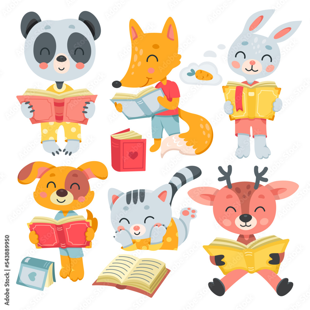 Cartoon isolated funny smart little characters love to study, forest ...
