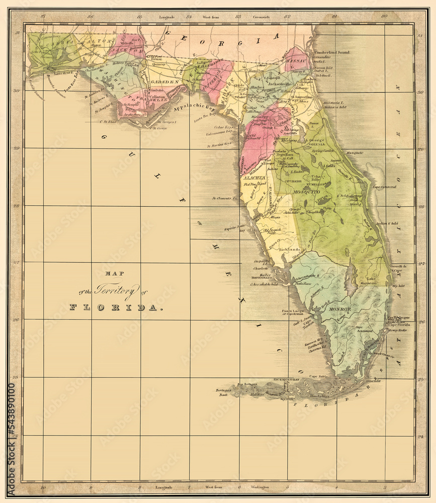 Restored reproduction of an 1842 map of the territory of Florida. It ...