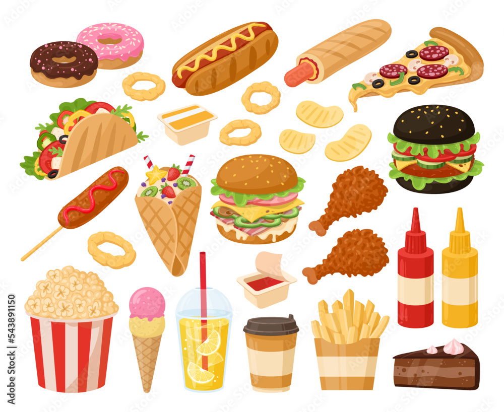 Cartoon fast food, burger, pizza, hot dog and lemonade. Junk food ...