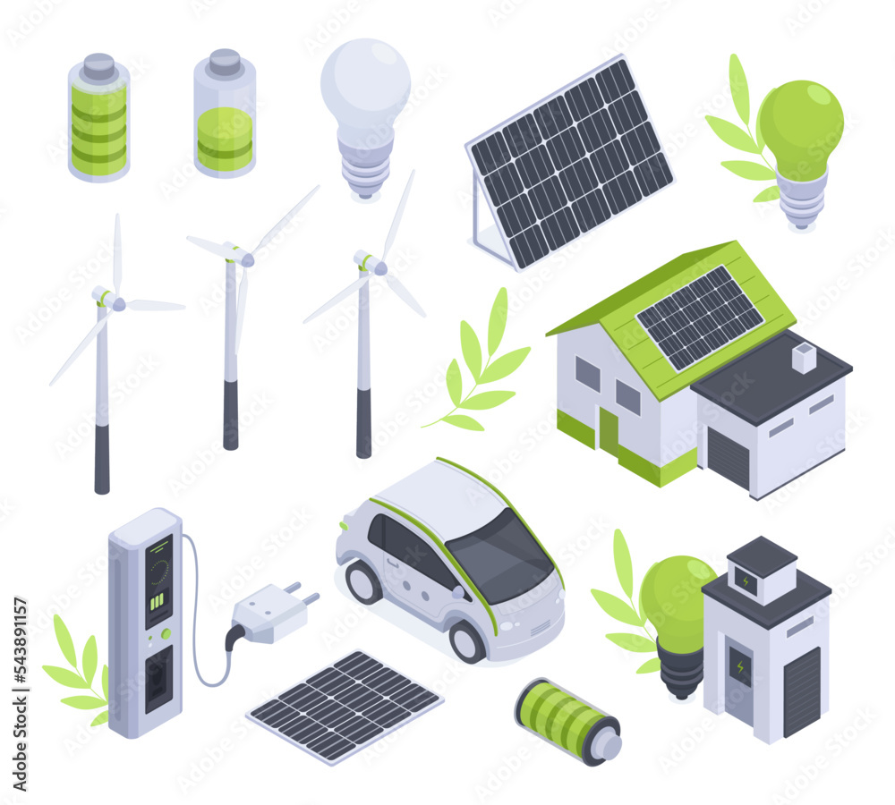 Isometric green energy, 3d alternative energy sources. Solar panels ...