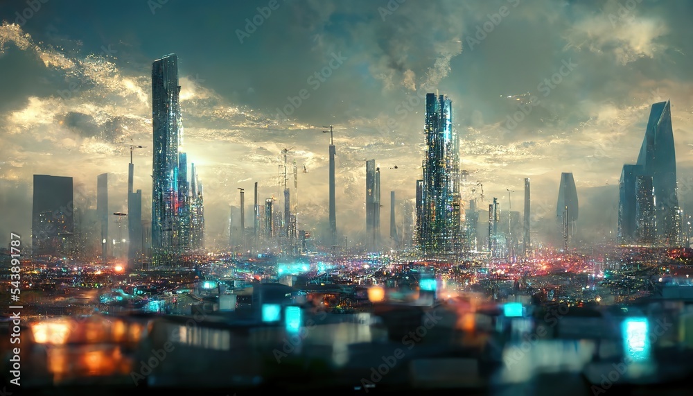 Techno mega city; urban and futuristic technology concepts. Smart city ...