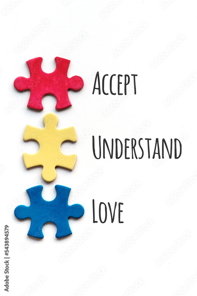 Autism Awareness campaign. Text Accept, Understand, Love as a list with ...