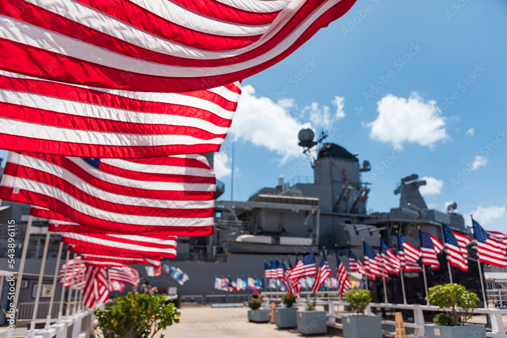 Poster American flags at USS Missouri battleship in Pearl Harbor ...