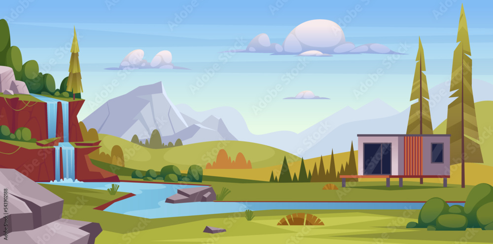 Nature landscape. Horizontal cartoon background with beautiful weather ...