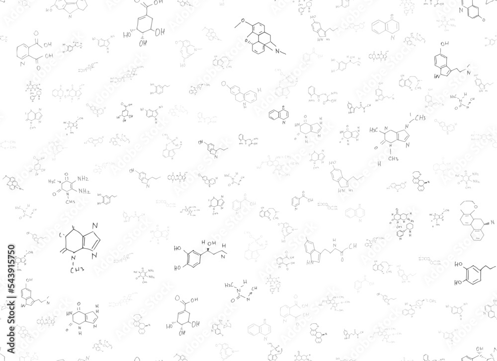 chemical formulas. scientific, educational background on white. hand ...