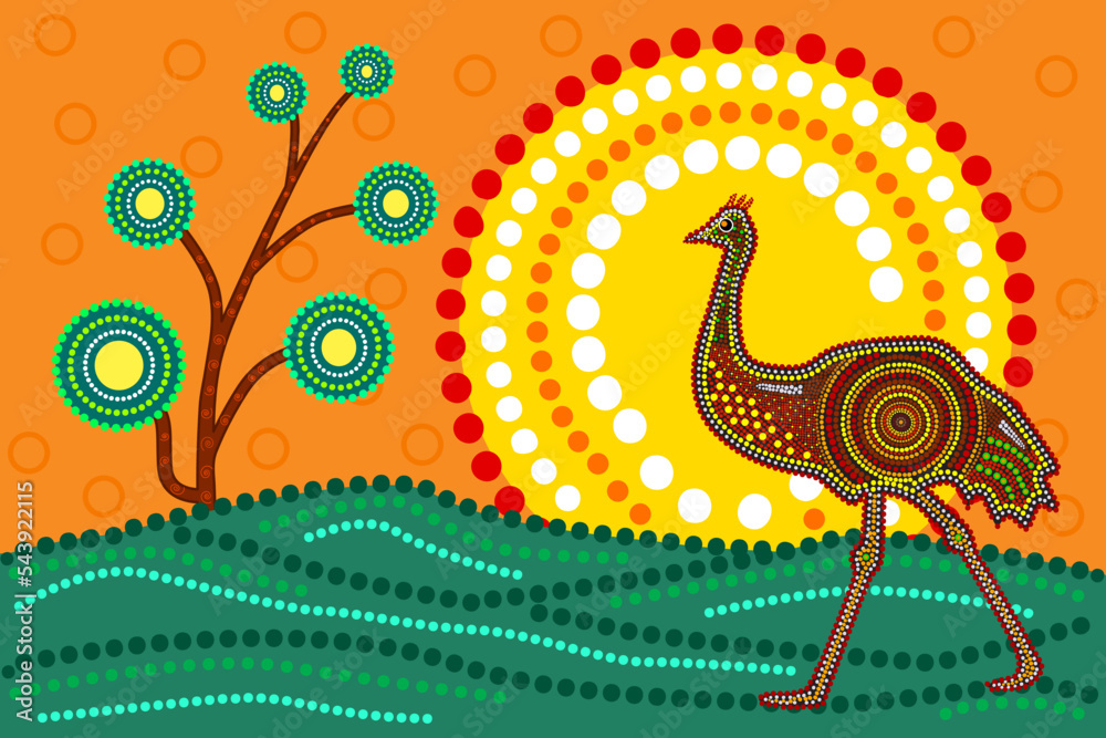 Landscape with ostrich in decorative ethnic style. Australia aboriginal ...
