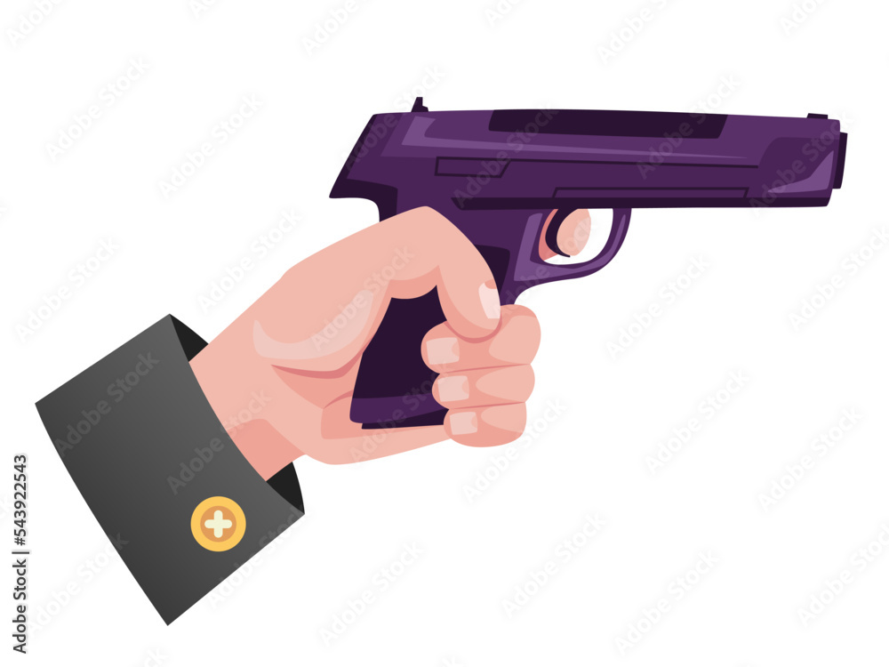 Hand arm holding gun isolated on white background design element ...