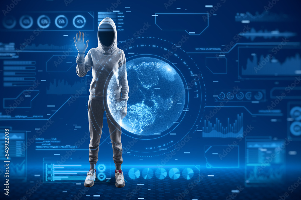 Hacker in hoodie using abstract glowing digital business interface with globe and various other ...