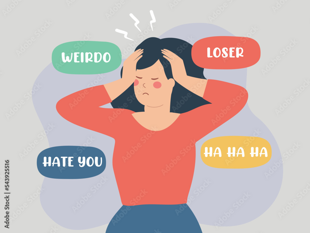 Illustration of a girl suffers from bullying, scorn and contempt. Sad ...