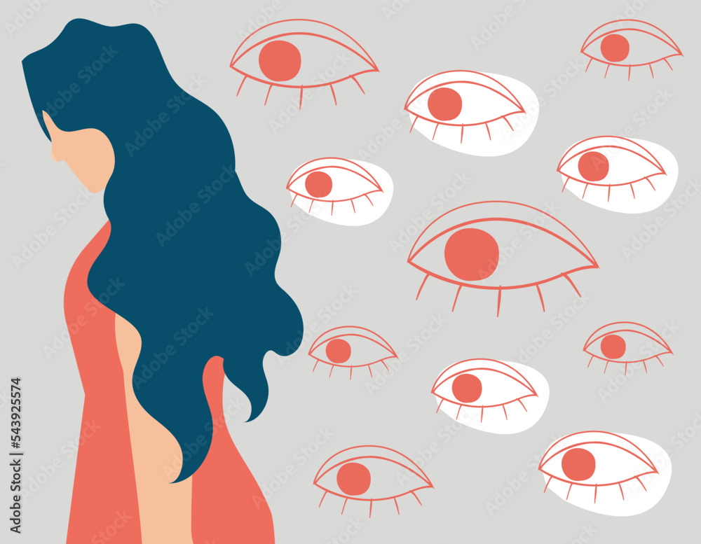 Sad woman feels stress and depression surrounded by big evil eyes ...