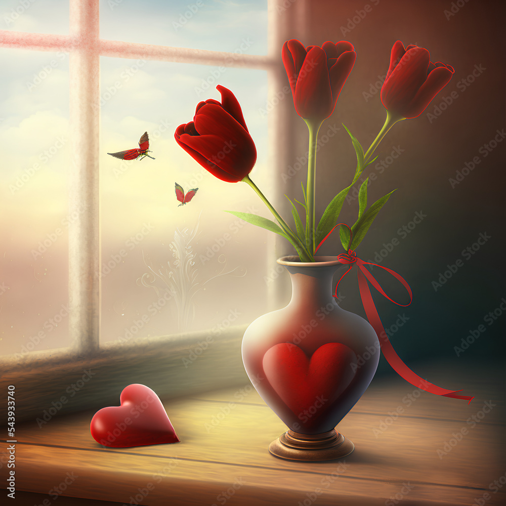 Three Roses in A Red Heart Vase Sitting on Windowsill with Red ...
