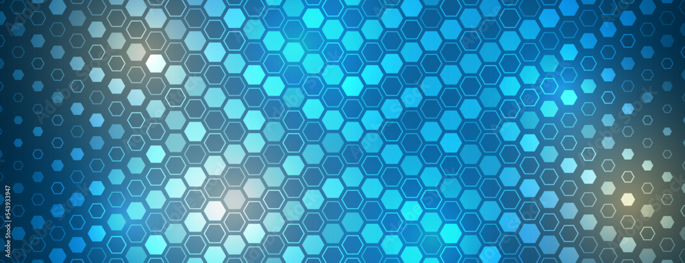 Wide Sci fi template with polygons. Abstract hexagons science on the blue background. Hi-tech ...