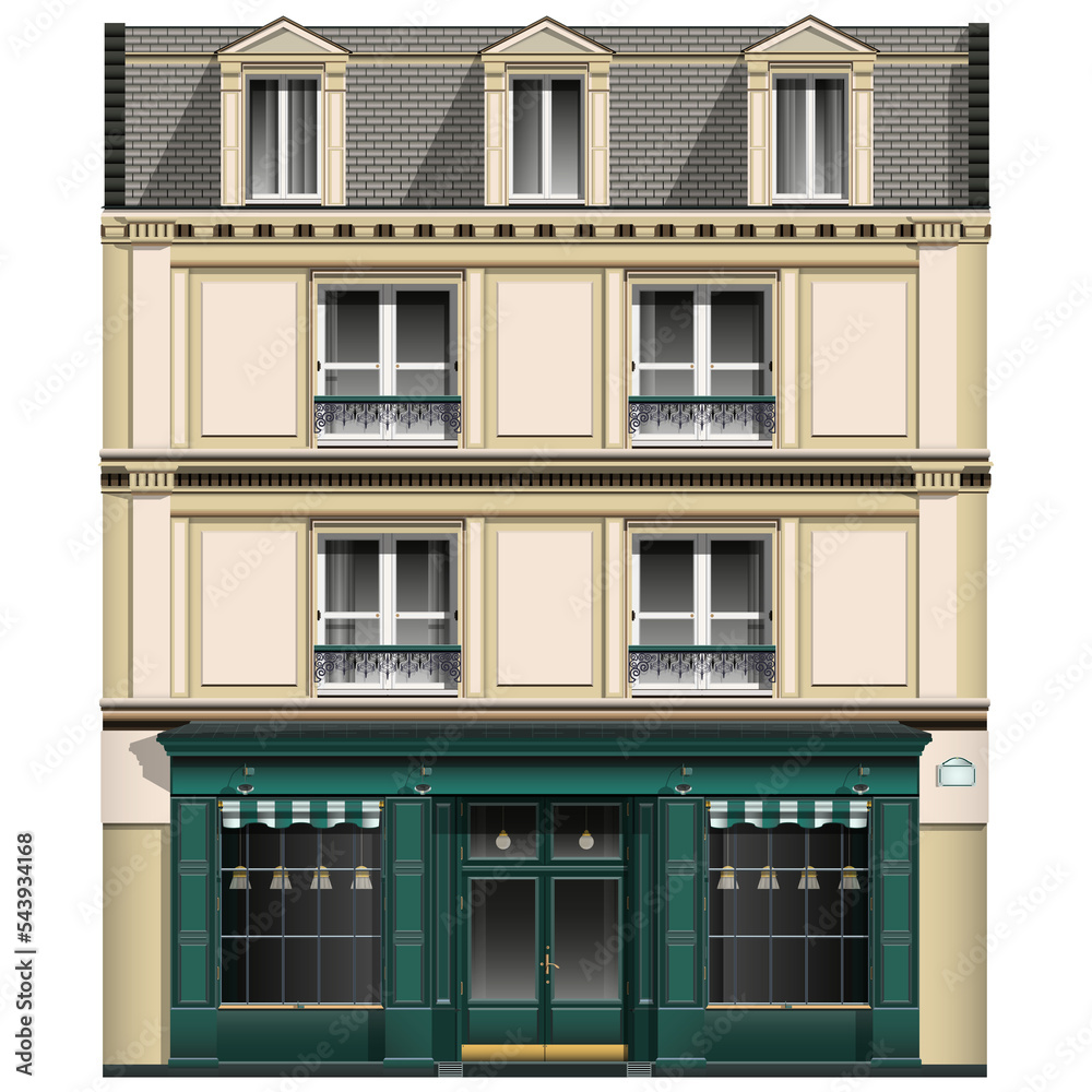 European oldfashioned brick building in realistic style. Facade front ...