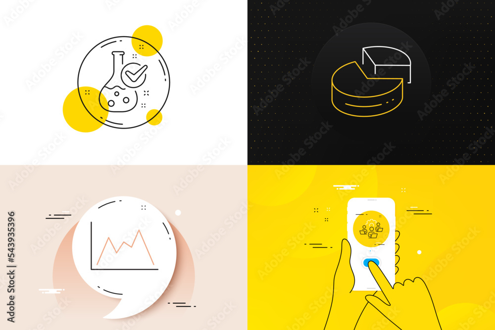 Minimal set of Chemistry lab, Pie chart and Teamwork line icons. Phone ...