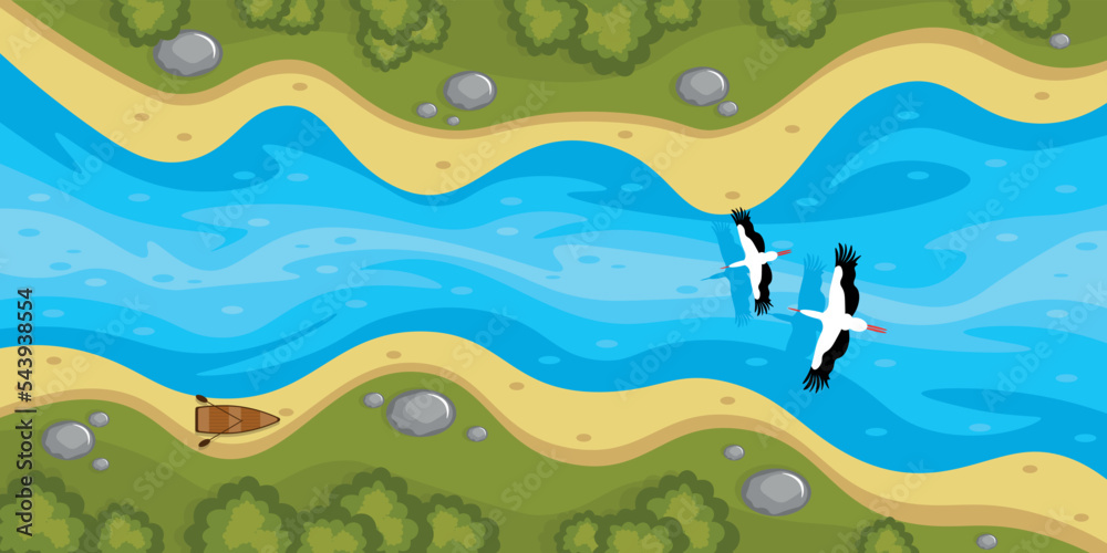 Vector illustration of a beautiful river in the forest with a view from ...